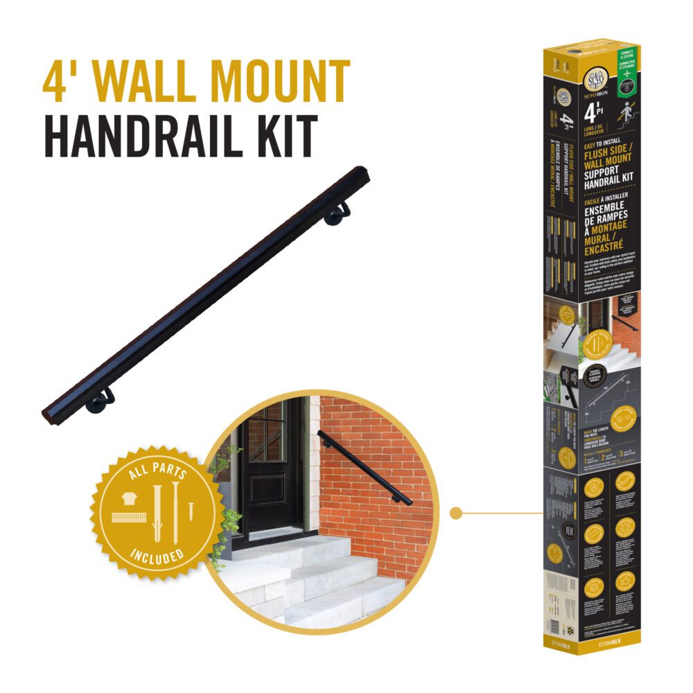 Handrail Kit | 4' Aluminum Wall Mount Handrail - Black | Nuvo Iron